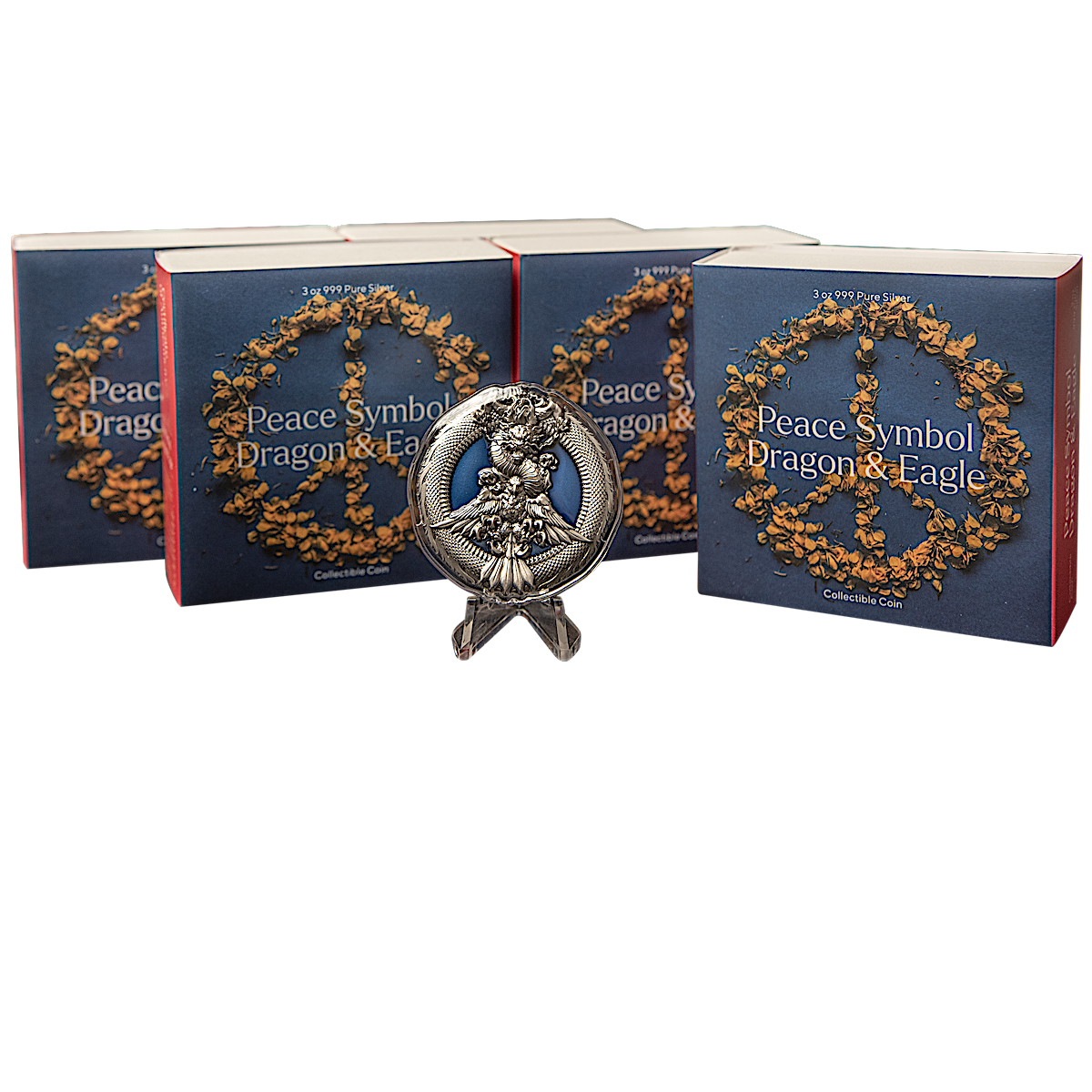 5 pcs of 3 oz 2022 Chad Silver Peace Symbol Dragon and Eagle Coins ...