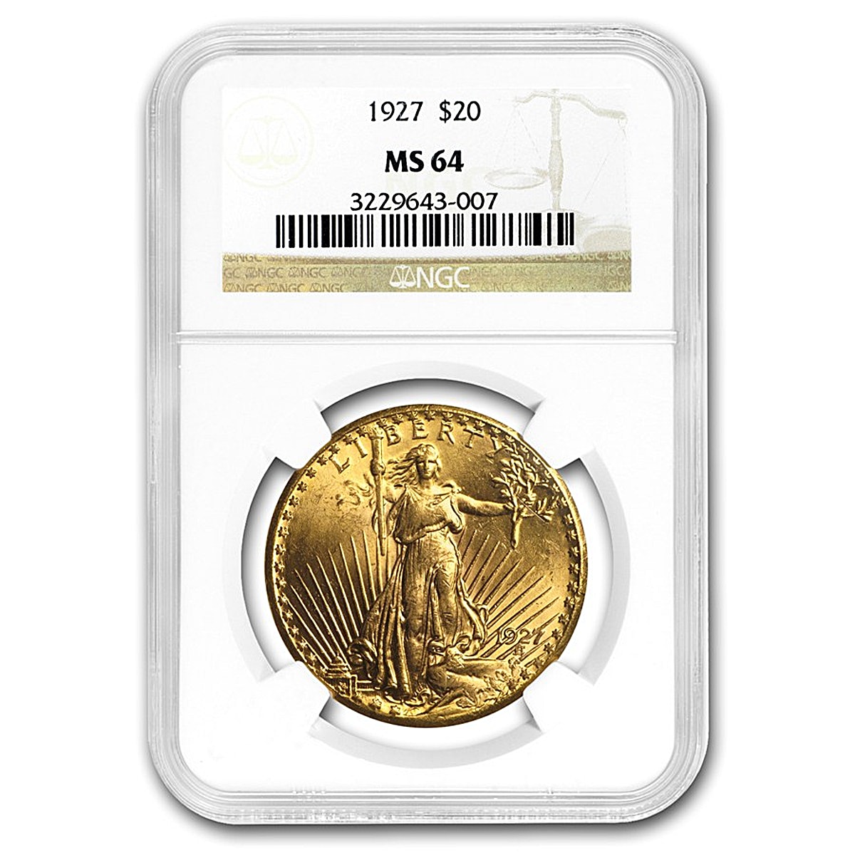 US $20 St. Gaudens Double Eagle 1927 - Graded MS 64 by NGC - 30.09 g