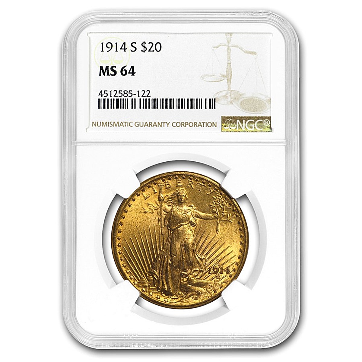 US $20 St. Gaudens Double Eagle 1914 - Graded MS 64 by NGC - 30.09 g