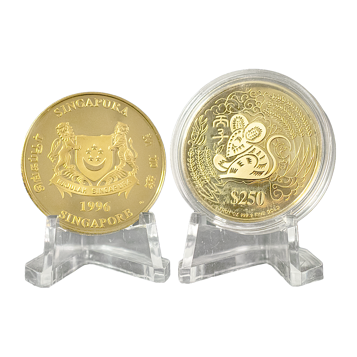 2 pcs of 1 oz 1996 Singapore Mint Gold "Year of the Rat" Proof Coins ...