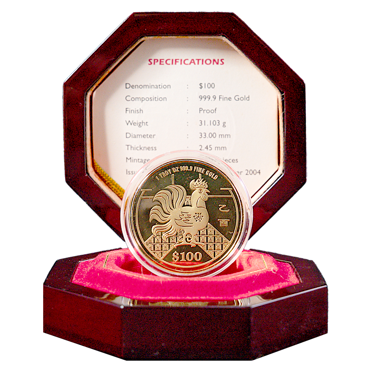 2005 1 oz Singapore Mint Gold "Year of the Rooster" Proof Coin - Total ...