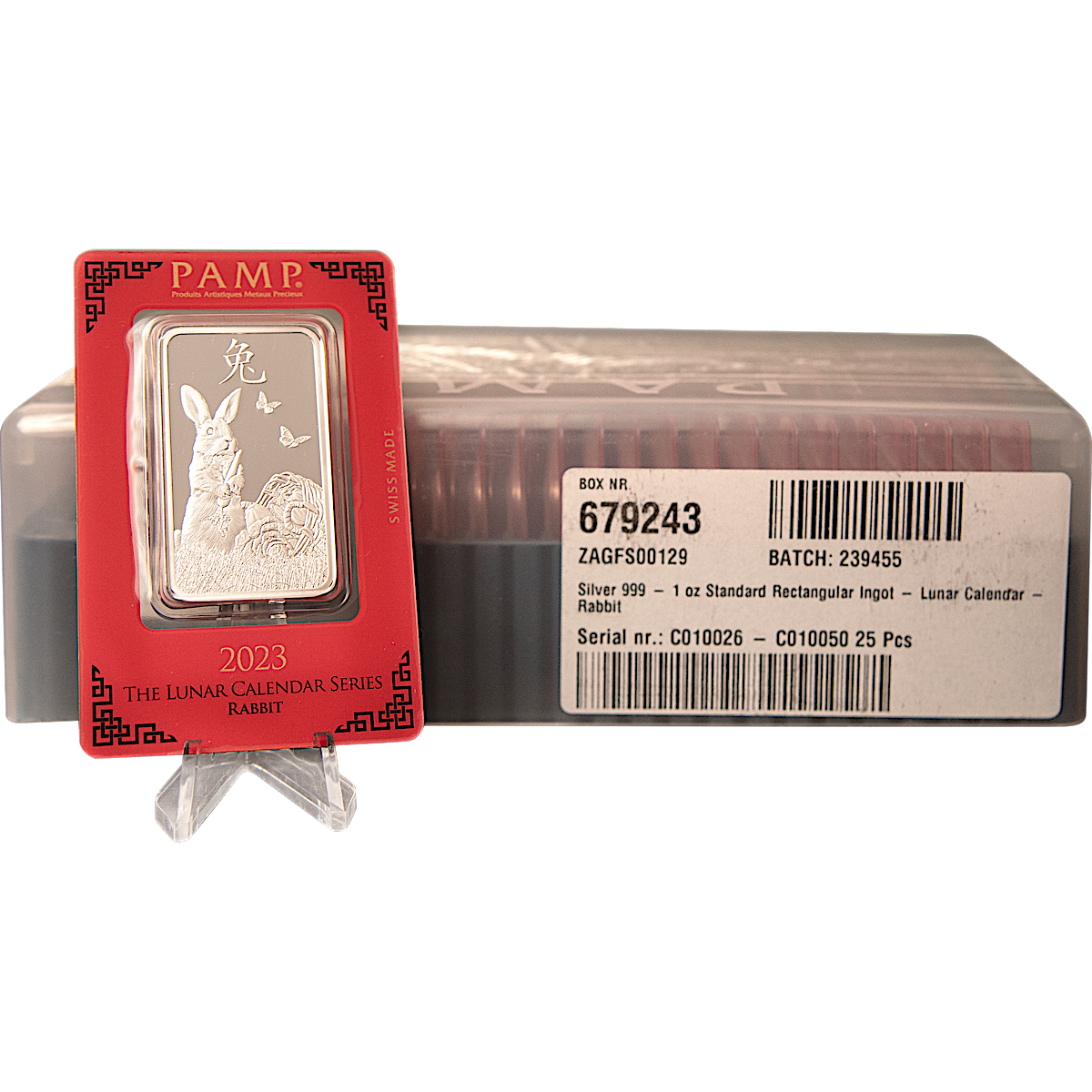 25 pcs of 1 oz 2023 PAMP Silver Lunar Rabbit Bars (1 box x 25 pcs/box ...